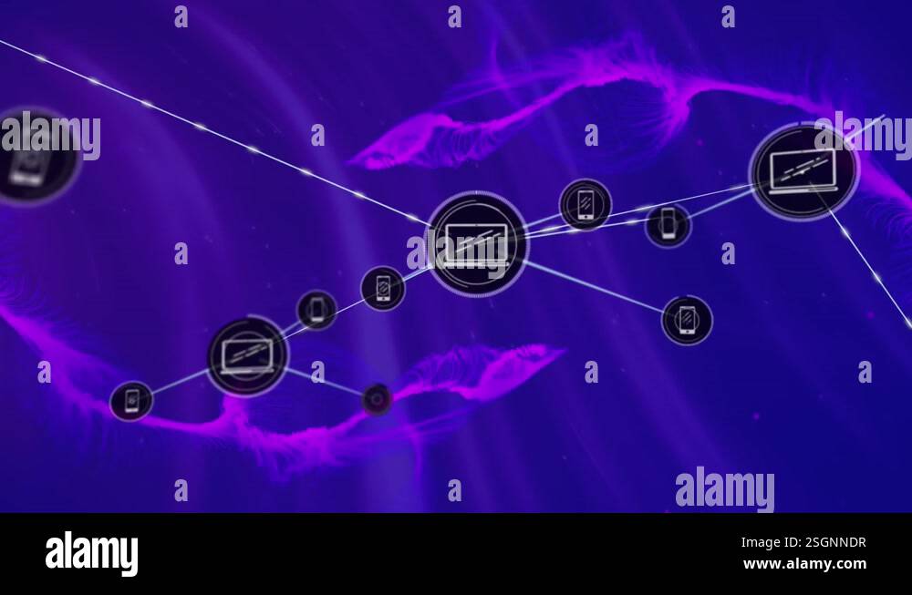 Animation of network of digital icons over purple digital waves against ...