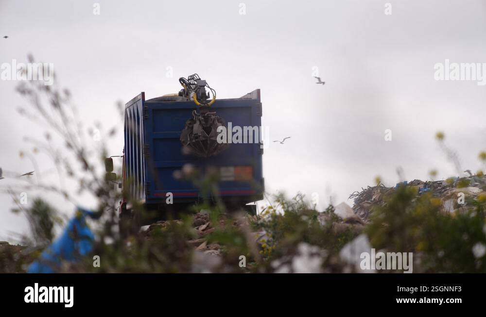 Blue truck full container of garbage goes through the dump. The dump ...