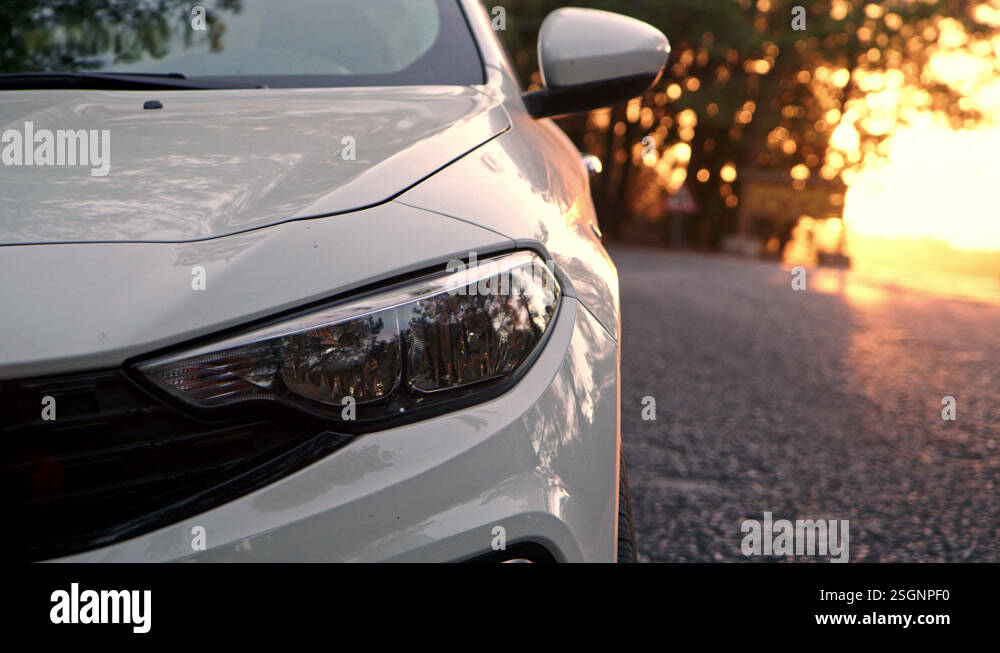 Close up view of front light of car headlights. unrecognizable white ...
