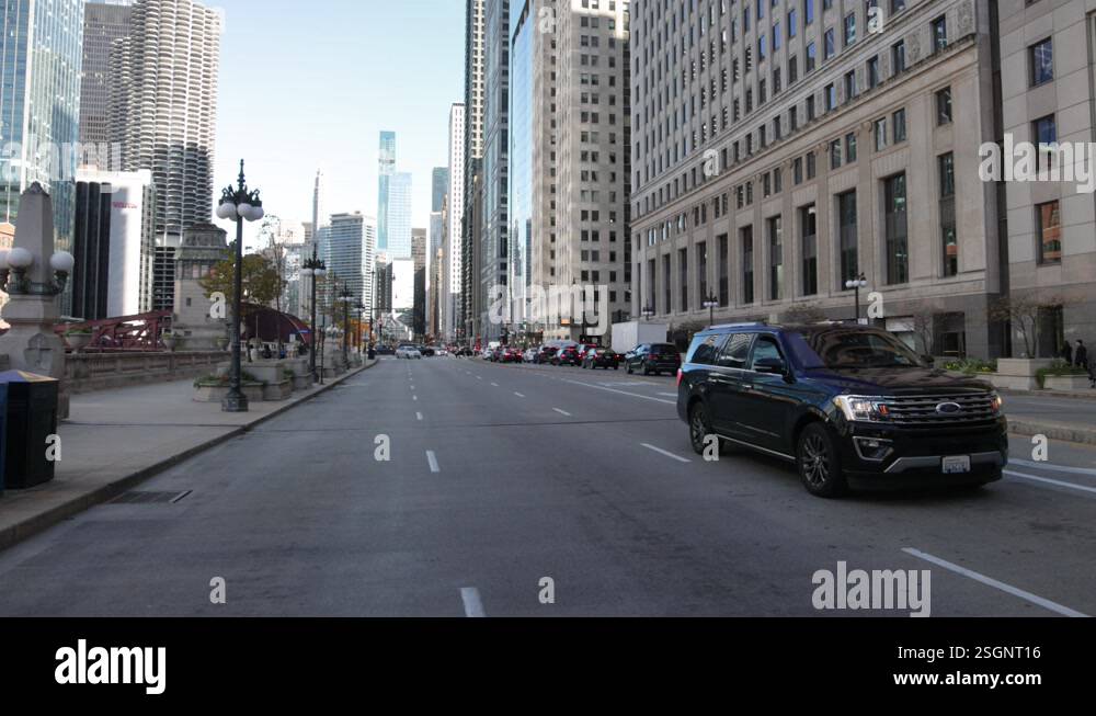 Downtown Chicago, Illinois street with gimbal video walking sideways in ...