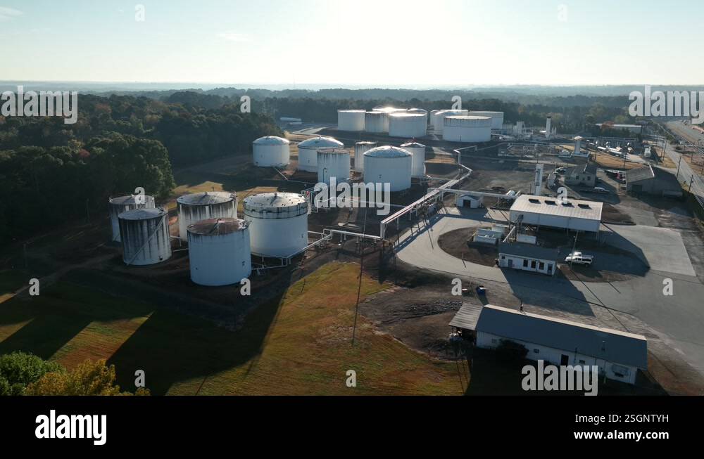 Fuel distribution with bulk tanks for gasoline, diesel, petrol. Aerial ...