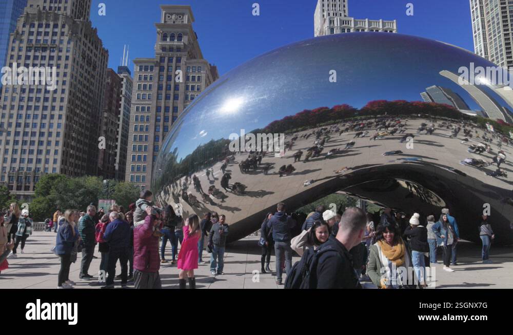 Bean statue in Chicago, Illinois with close up video panning left to ...