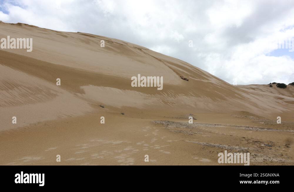 A silly man rolls down a big sanddune acting like a child Stock Video ...