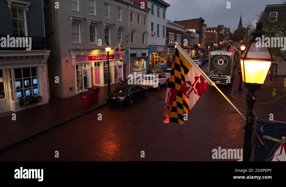 State of Maryland flag in Annapolis. Capital city of MD. Main Street ...