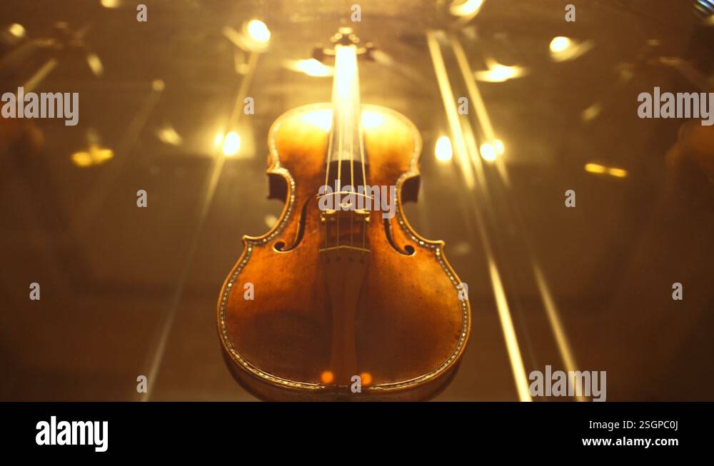 A beautiful classical violin hanging in a illuminated glass display ...