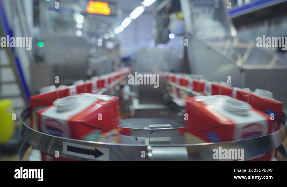 Huge amounts of packaged milk cartons advancing through the production ...