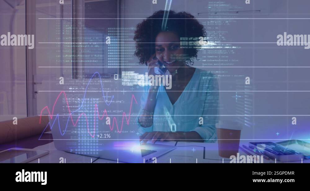 Animation of binary codes, programming language, graphs, african american woman Stock Video ...