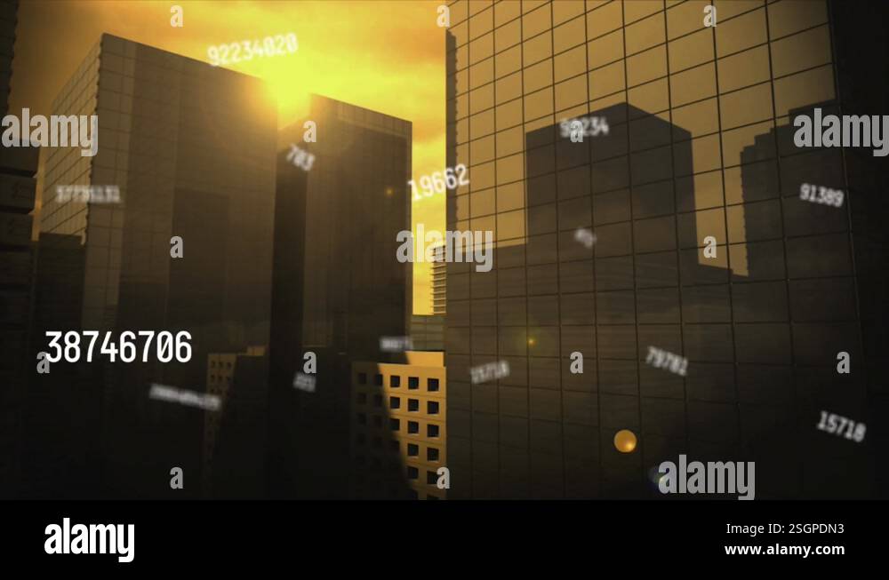 Animation of multiple numbers over aerial view of building against sun ...