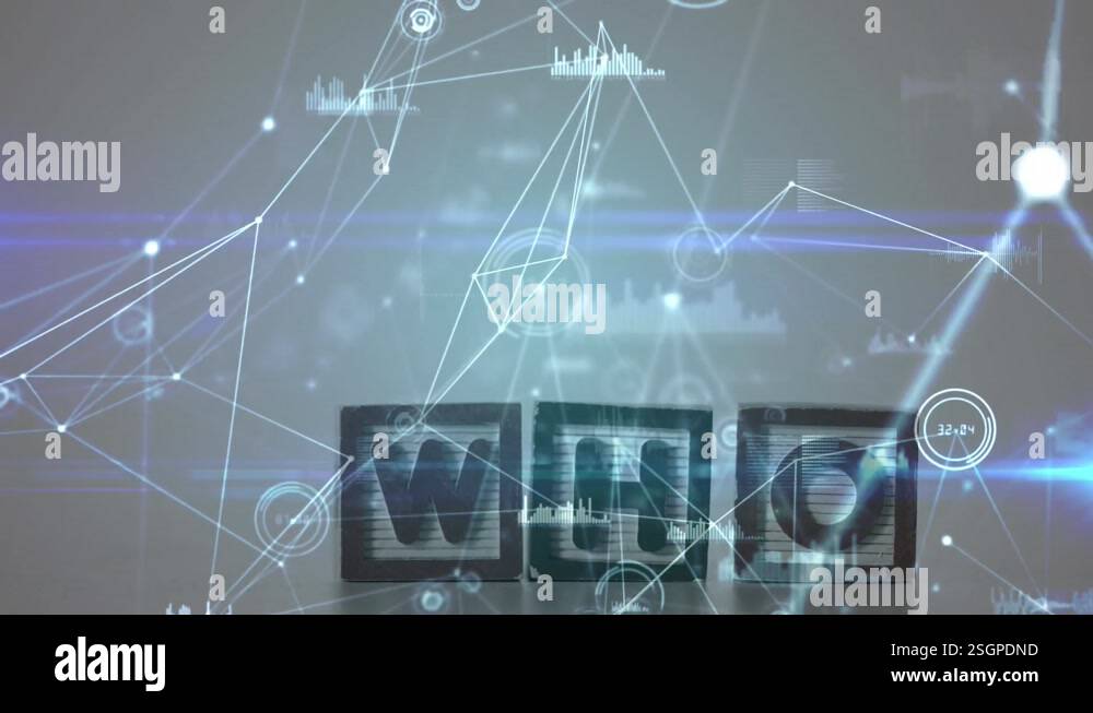 Animation of connected dots, graphs icons and lens flare over who text ...