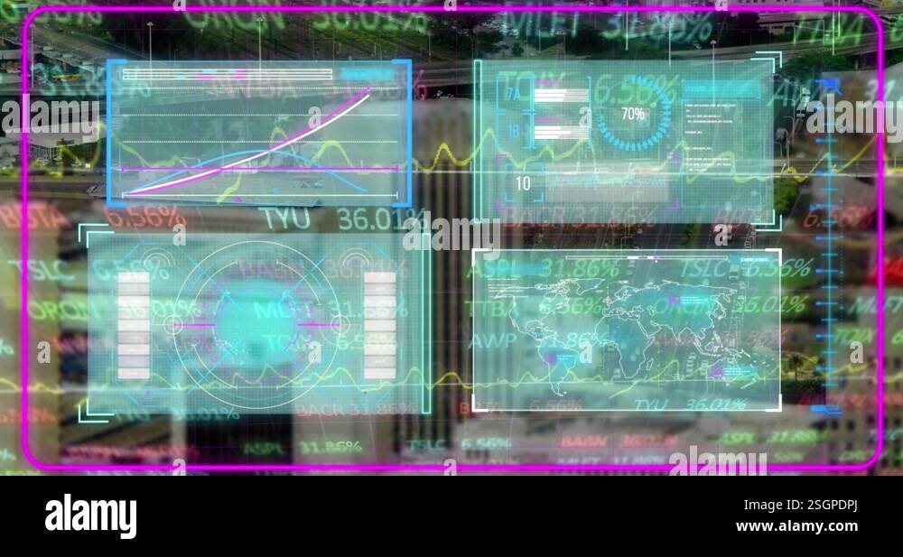 Animation of graph, loading circle, map and radar over trading board ...