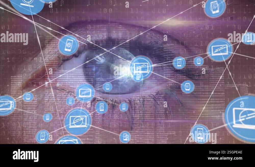 Animation of network of connections with icons and data processing over ...