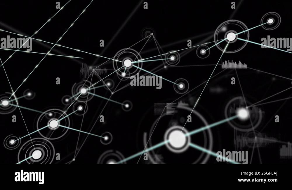 Animation of dots connected with lines, graph icons, database against ...