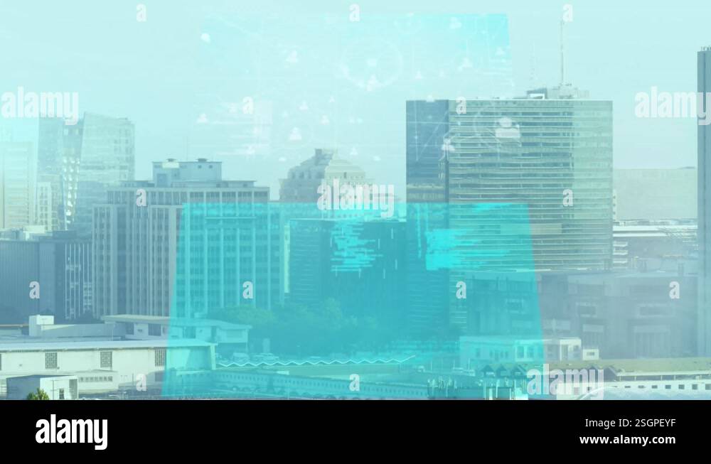 Animation of multiple screens with data processing against aerial view ...