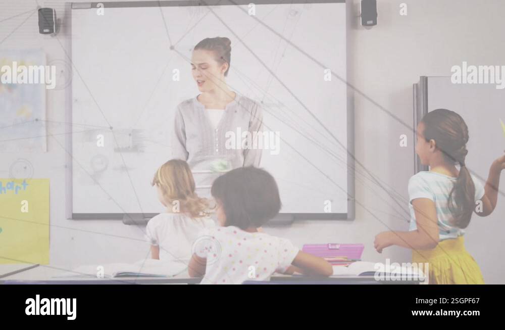 Animation of digital screen over class of diverse teacher and pupils at ...