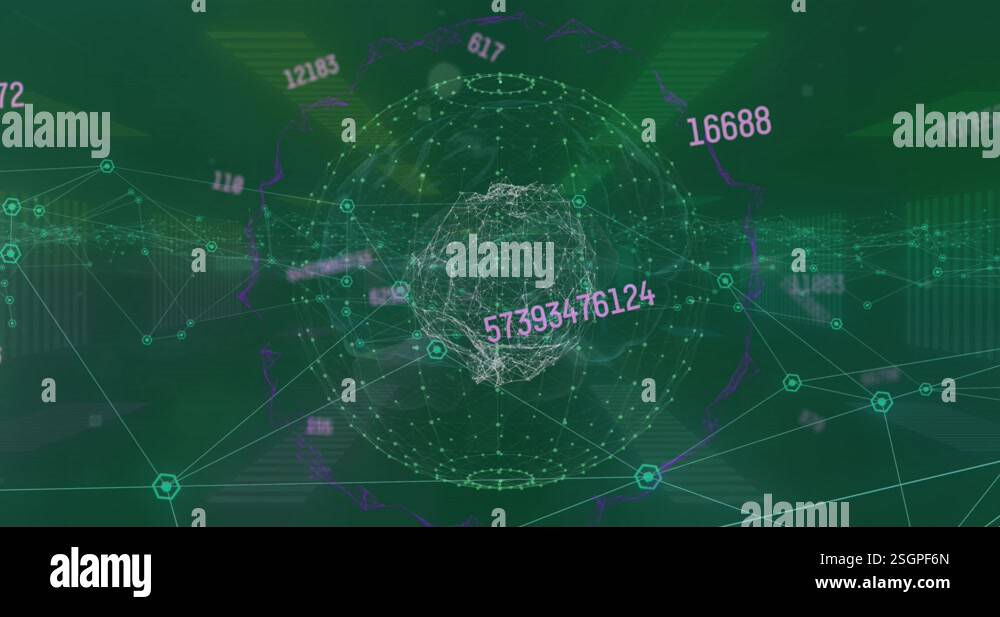 Animation of numbers, globe and connections in green digital space ...