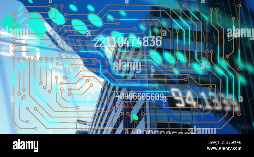 Animation of numbers over microprocessor connections and data ...