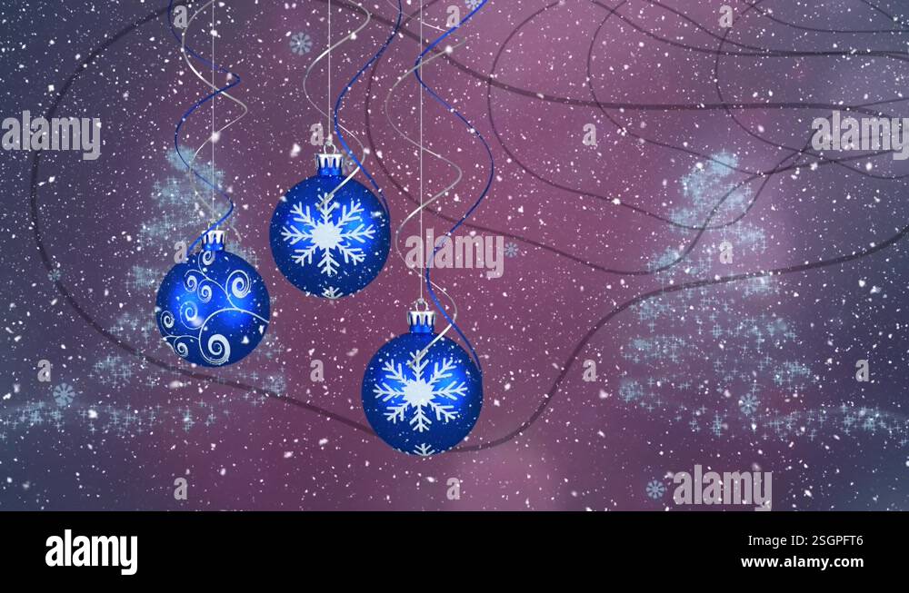Animation of snow falling over hanging christmas bauble decorations ...