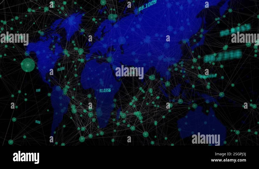 The animation shows a blue world map with floating white numbers over a grid on Stock Video ...