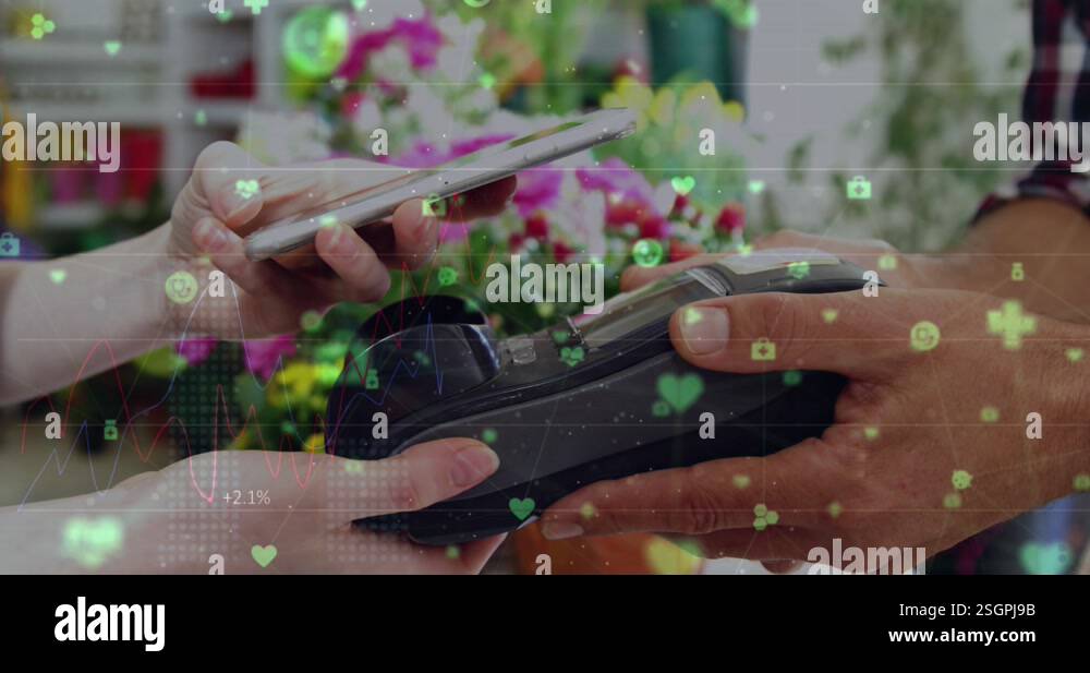 Animation of data processing over caucasian numbers over mid section of ...