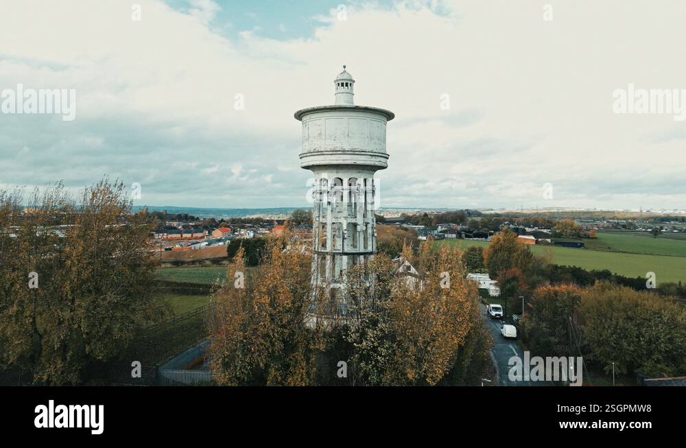 Aerial footage of Gawthorpe Water Tower based on Chidswell Lane. The ...