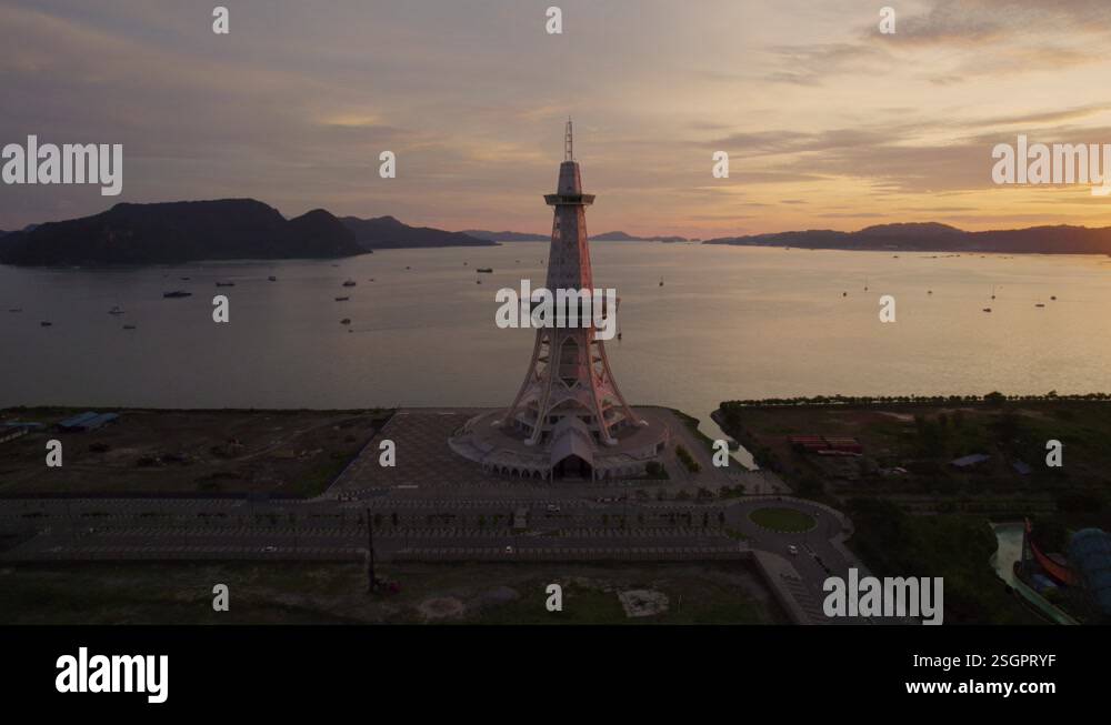 Backward revealing shot of the Maha Tower and Kuha City, Malaysia ...