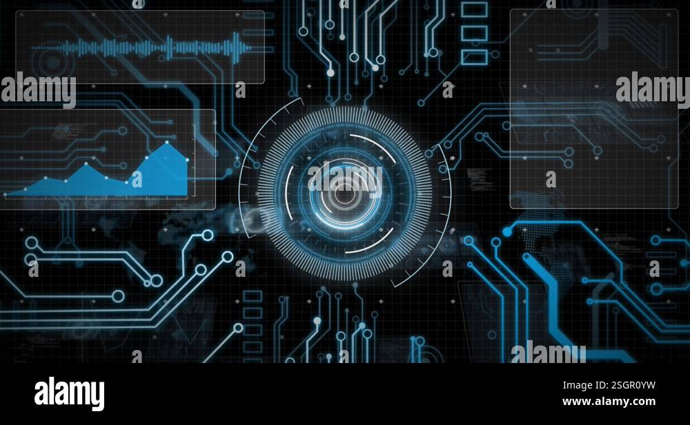 Animation of motherboard and circular scanner processing data on interface with Stock Video ...