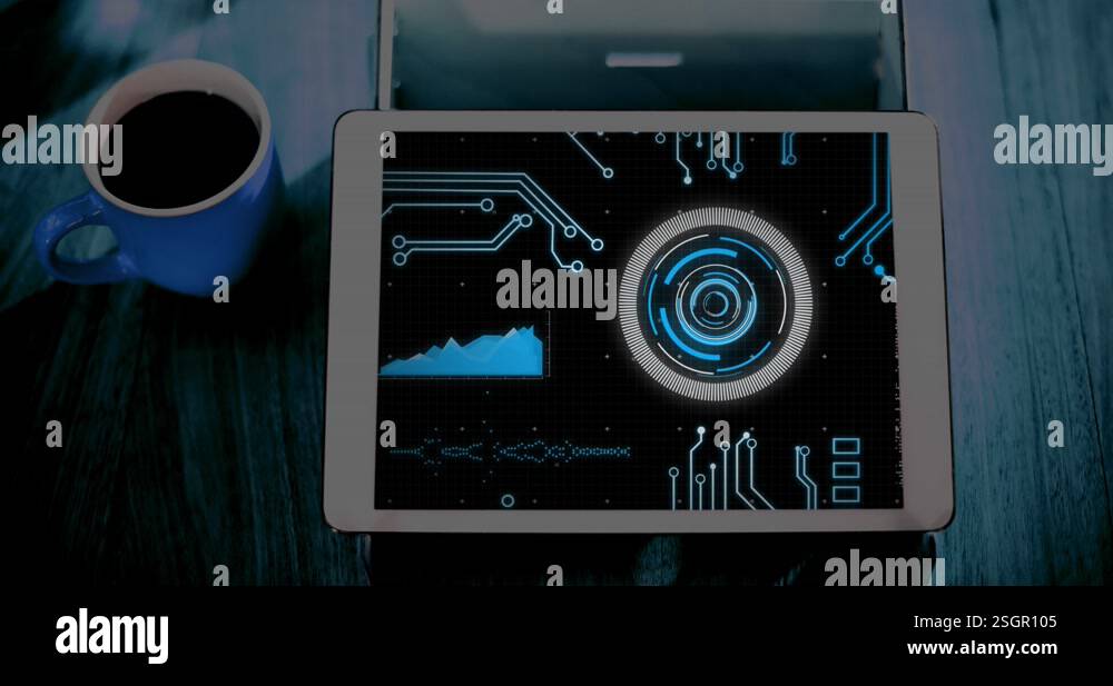 Animation Of Motherboard And Circular Scanner Processing Data On Screen