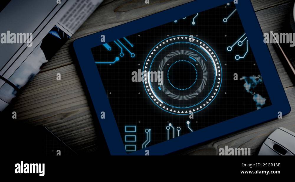 Animation Of Motherboard And Circular Scanner Processing Data On Screen