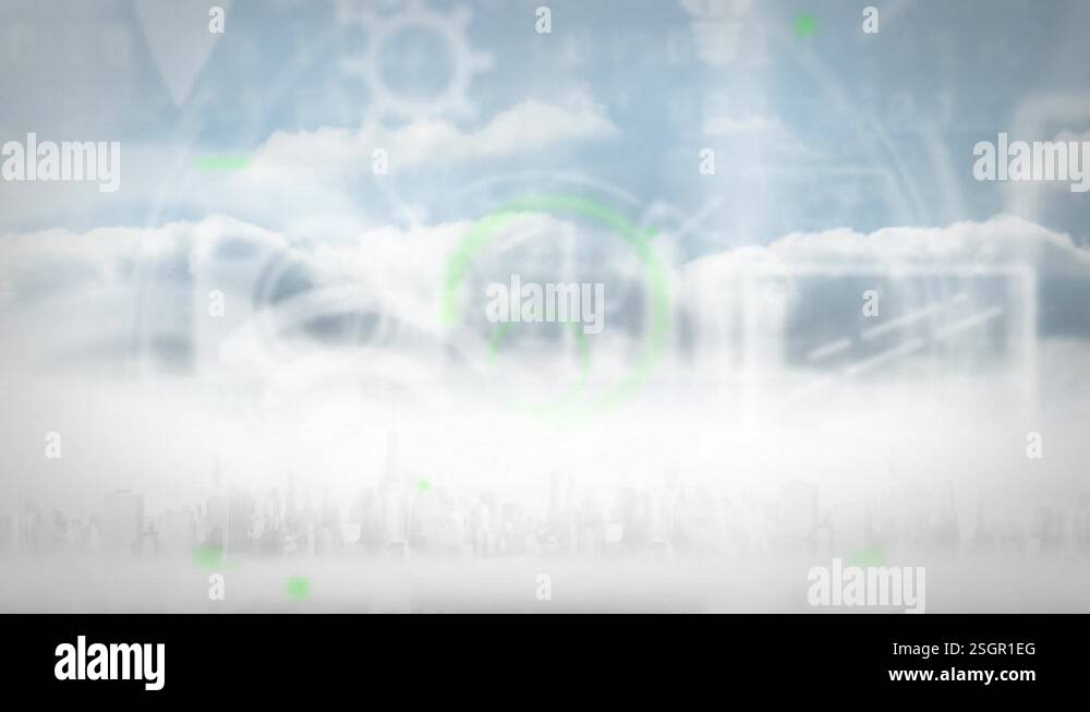 Animation of gear, camera, bar graph, map pinpoint and laptop icons ...