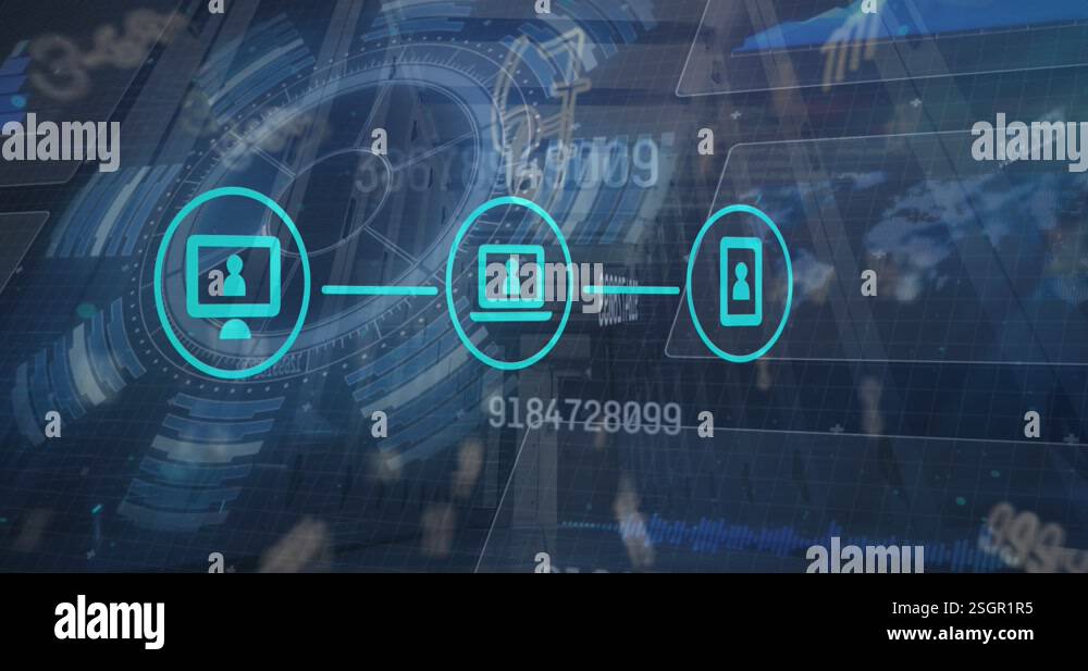 Animation of icon in circles over arc reactor, multiple countdowns, map Stock Video Footage - Alamy