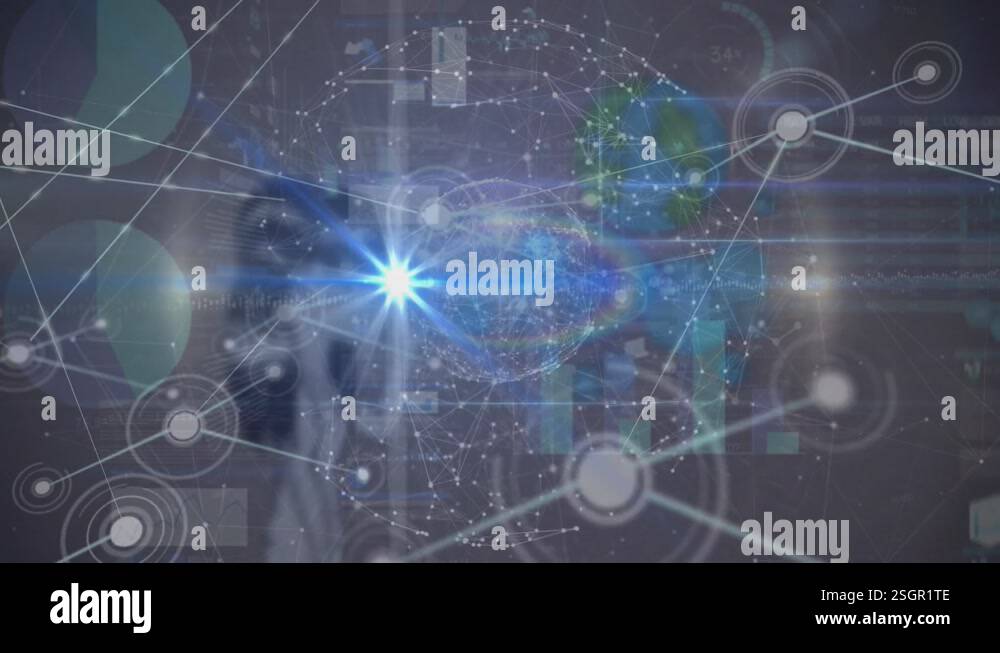 Animation of dots forming globes, lens flares, dots connected by lines ...
