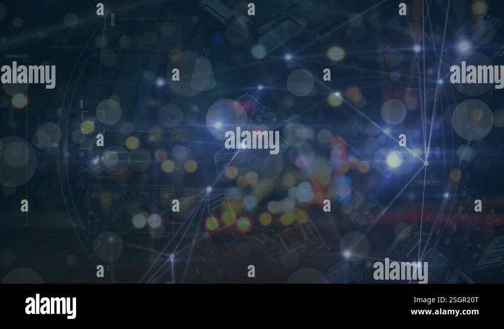 Animation of dots connected with lines and flying lens flare with bokeh ...