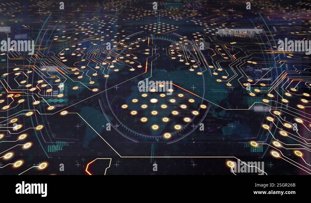 Animation of microprocessor connections and scope scanning over world ...