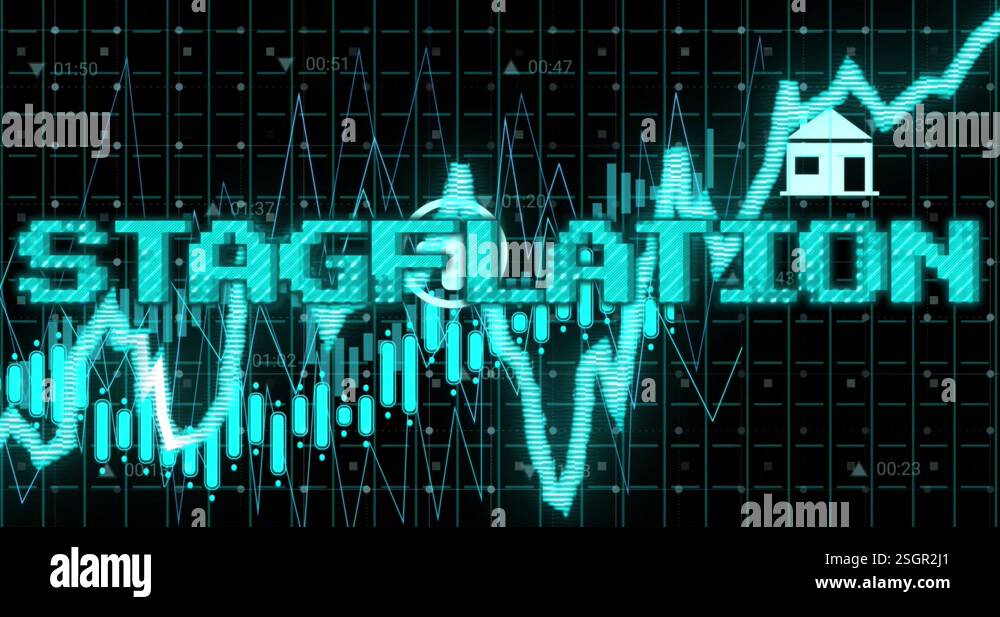 Animation of stagflation text in blue over graph and charts processing data Stock Video Footage ...