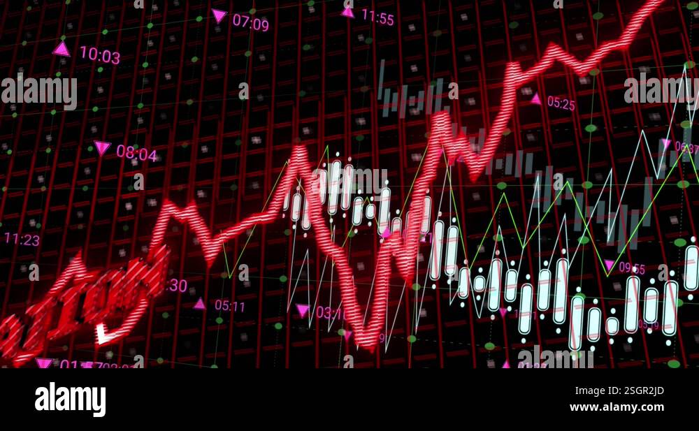 Animation of stagflation text in red over graph and charts processing data Stock Video Footage ...