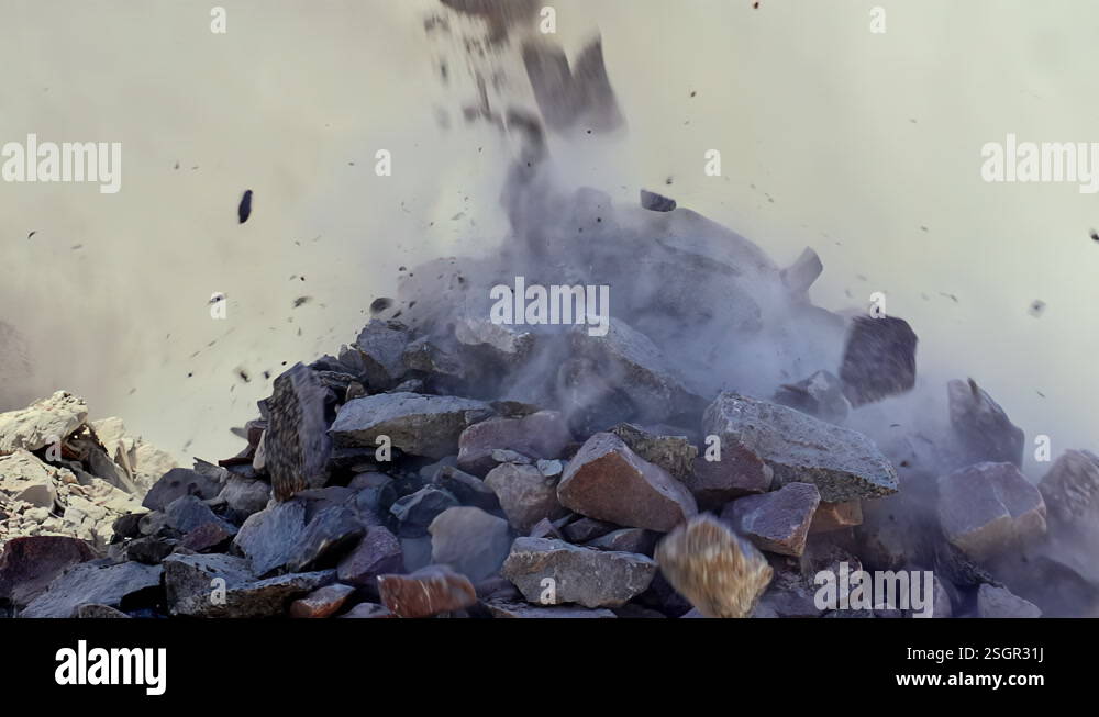 Dumping a pile of stones at a construction site in isolated slow motion ...