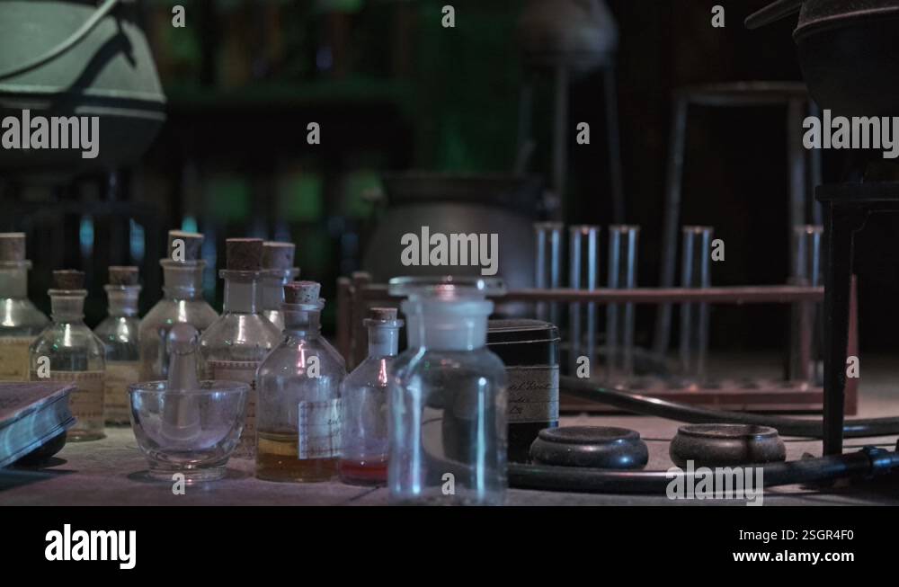 Corked Potion Bottles And Glass Tubes Inside An Alchemy Witch ...
