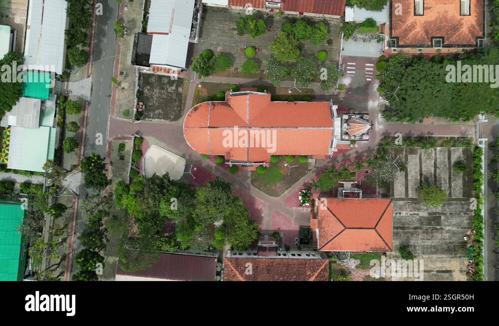 Descending drone footage above the compound of the Catholic Church of ...