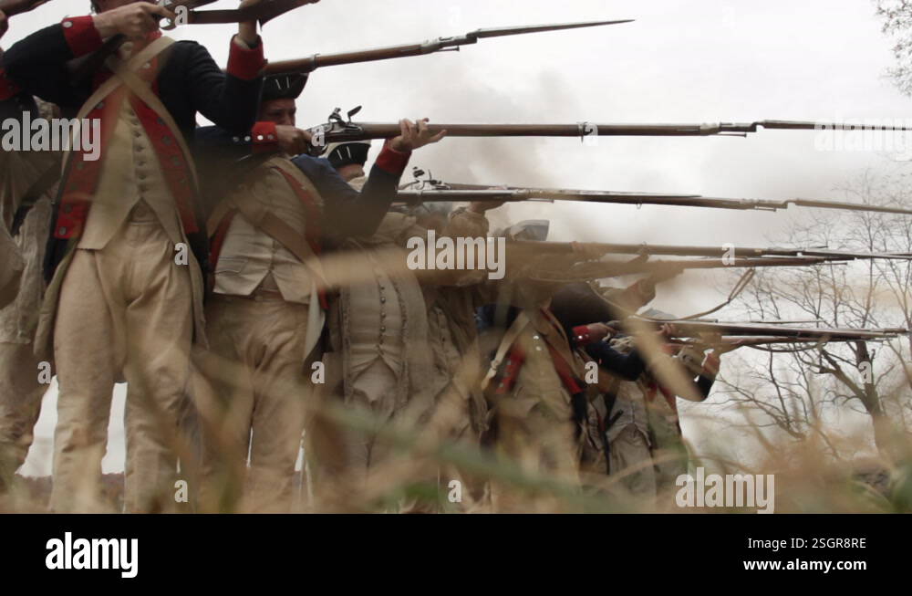 American Revolution Soldiers FIRE muskets in battle, under fire with ...
