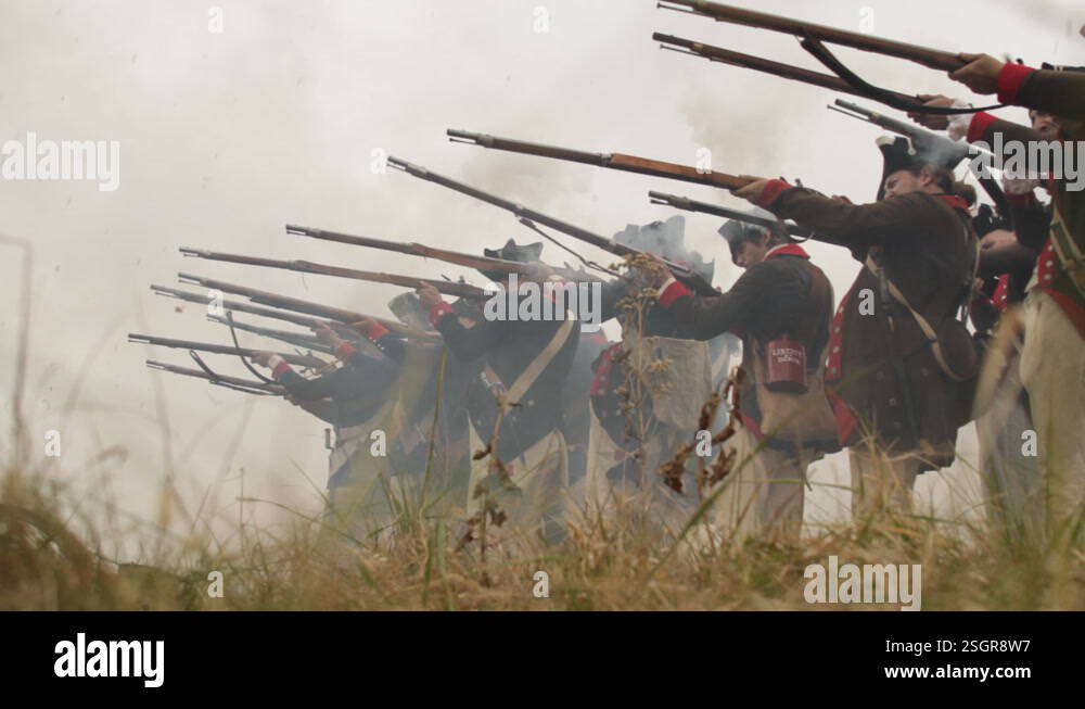 American Revolution Soldiers FIRE muskets in battle, under fire with ...