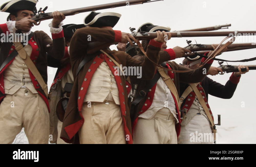 American Revolution Soldiers FIRE muskets in battle, under fire with ...