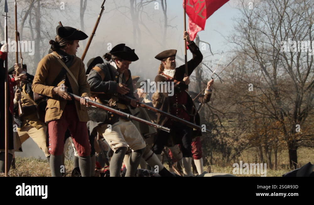 American Revolution Militia FIRE muskets in battle, under fire with ...