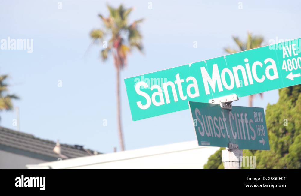 Santa Monica street road sign, California city, USA. Tourist resort ...
