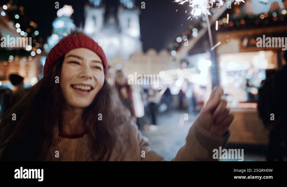 Celebrating New Year holidays vacation. Happy female tourist with ...