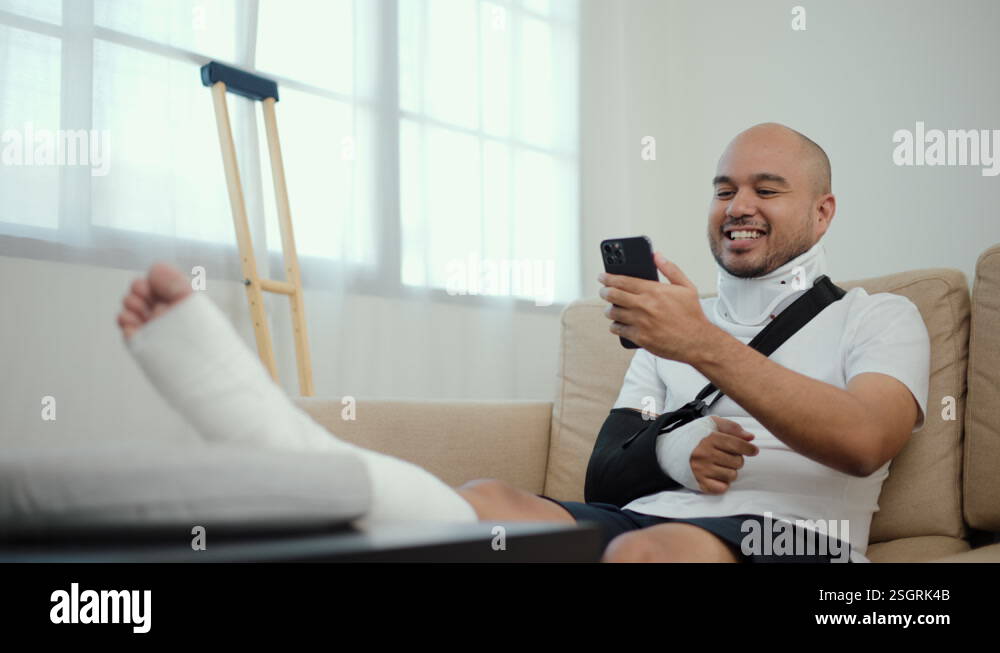 Man recovery from accident fracture broken bone injury with leg splints in cast Stock Video ...