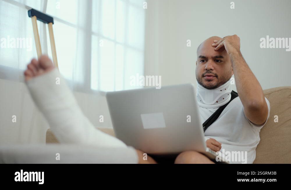 Recovery man stressed from accident fracture broken bone injury with ...