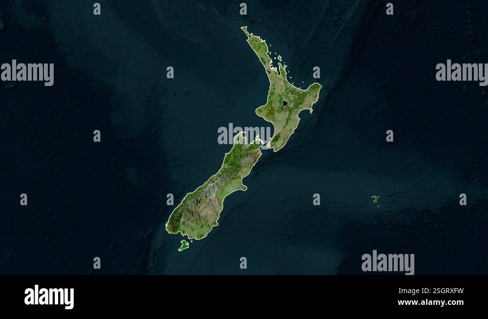 New Zealand map - solid. Border. Satellite. Labels Stock Video Footage ...
