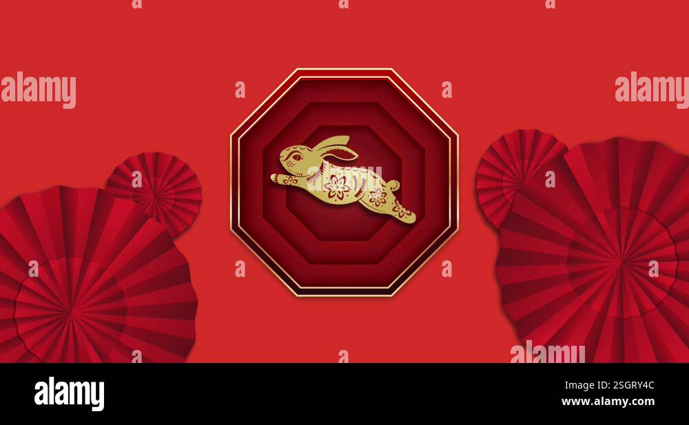 Animation of chinese pattern and rabbit year decoration on red ...
