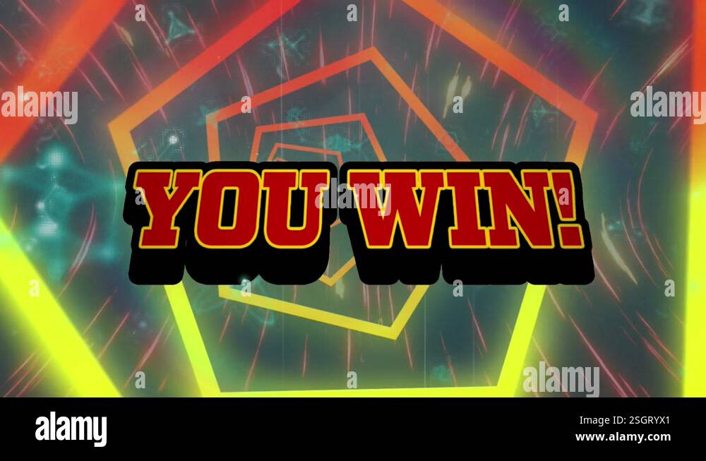Animation of you win text banner over hexagonal shapes in seamless ...
