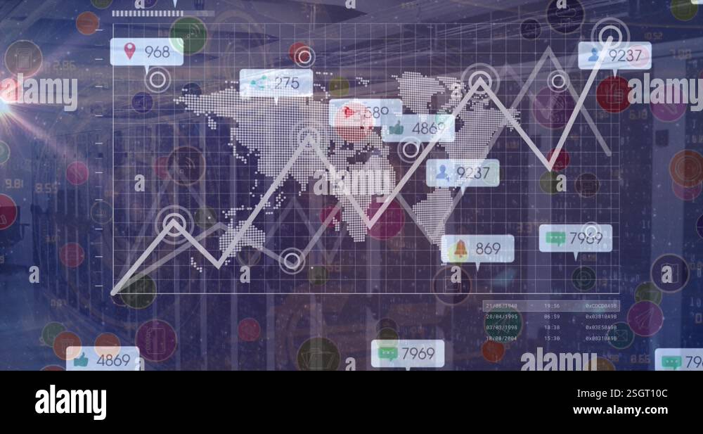 Animation of icons representing social media data with graphs and world ...